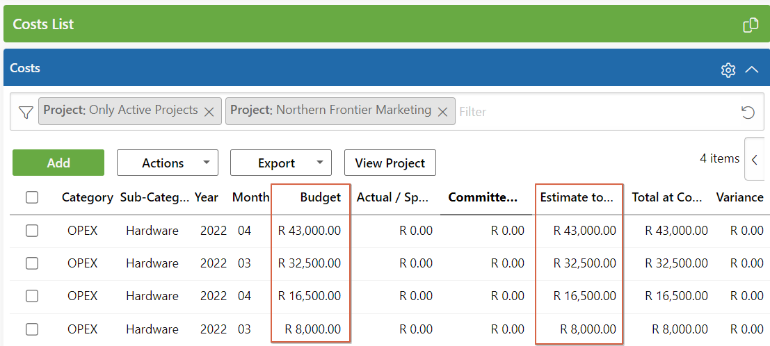 How are the Total at Completion and Cost Variance fields on the Costs ...